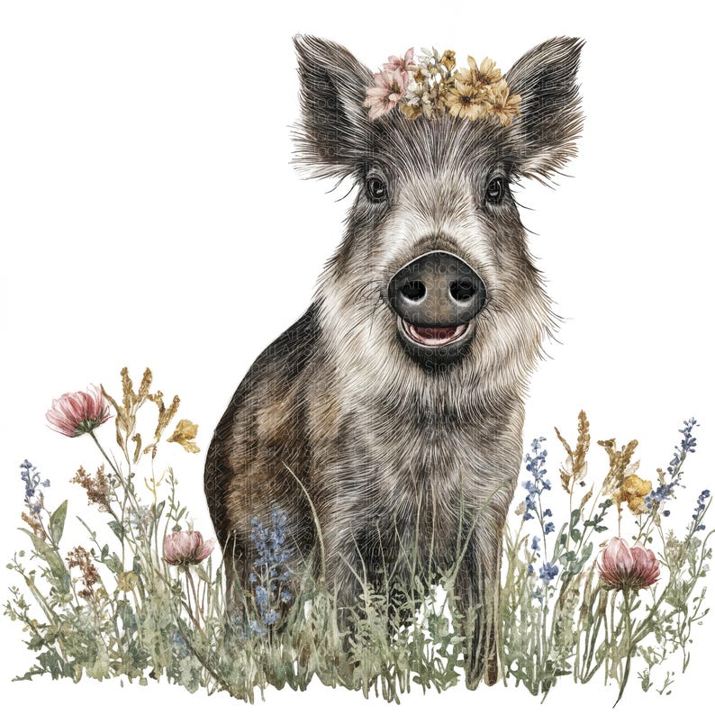 15 Watercolor Wild Boar Clipart | Boar With Flowers, Printable ...