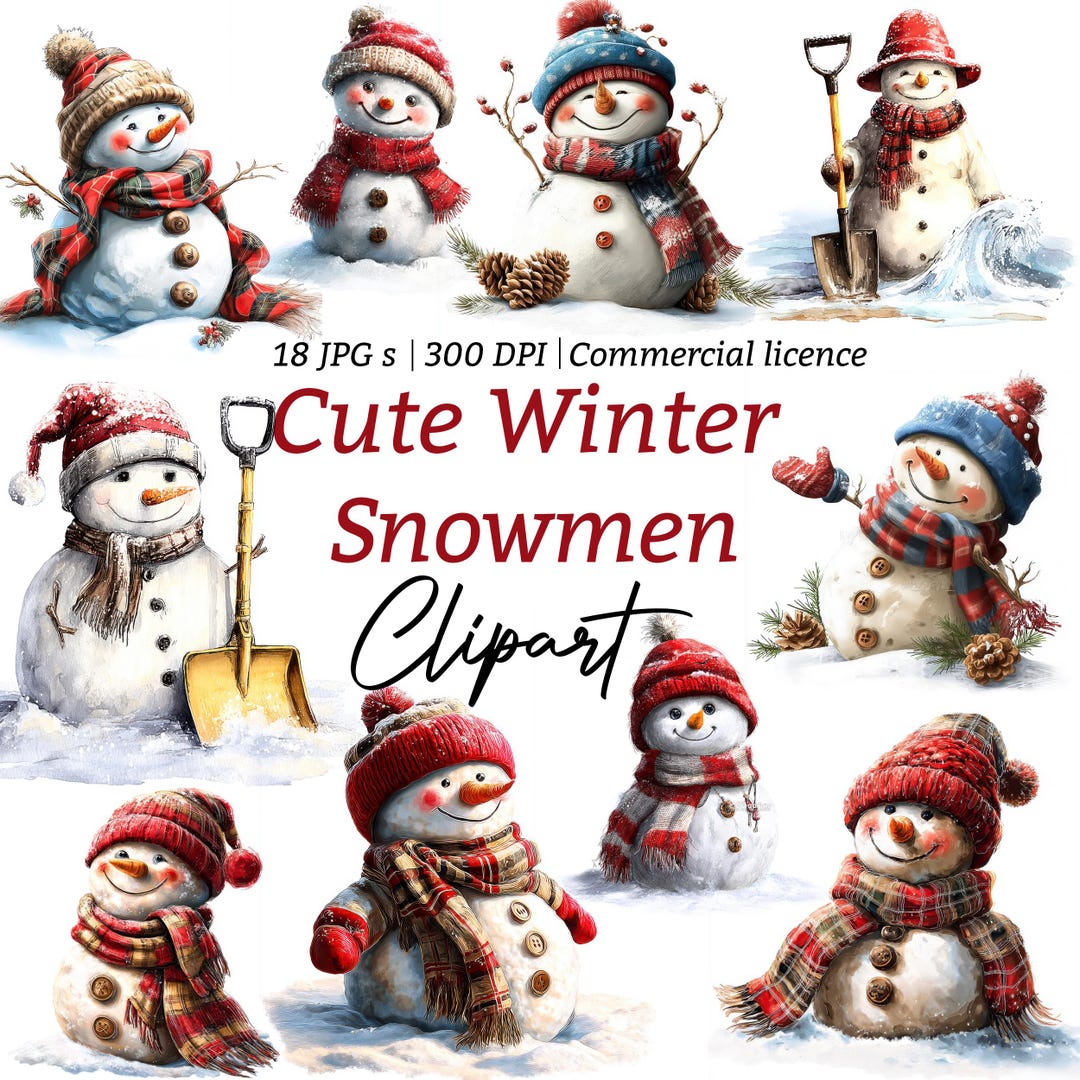 Watercolor Snowman Clipart Set, Cute Winter Snowmen JPG Bundle With ...