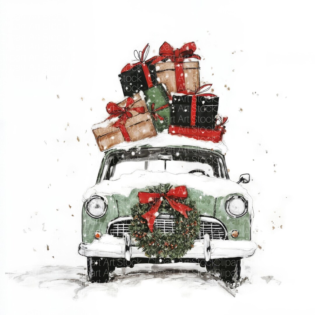 11 Christmas Vintage Car Clipart | Watercolor Tetro Car With Gifts ...