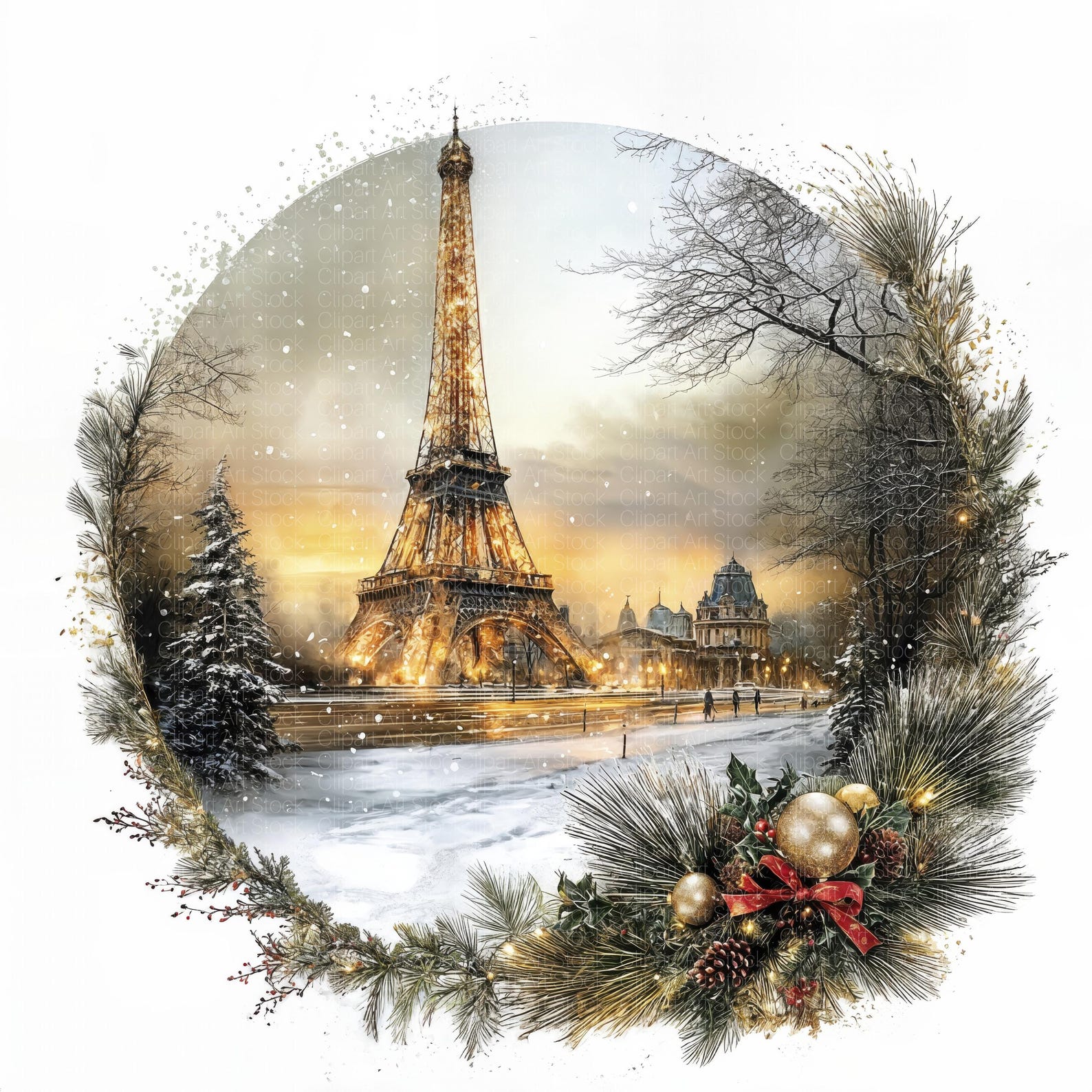 14 Clipart Noël à Paris | Cadres d'hiver Tour Eiffel et couronnes de ...