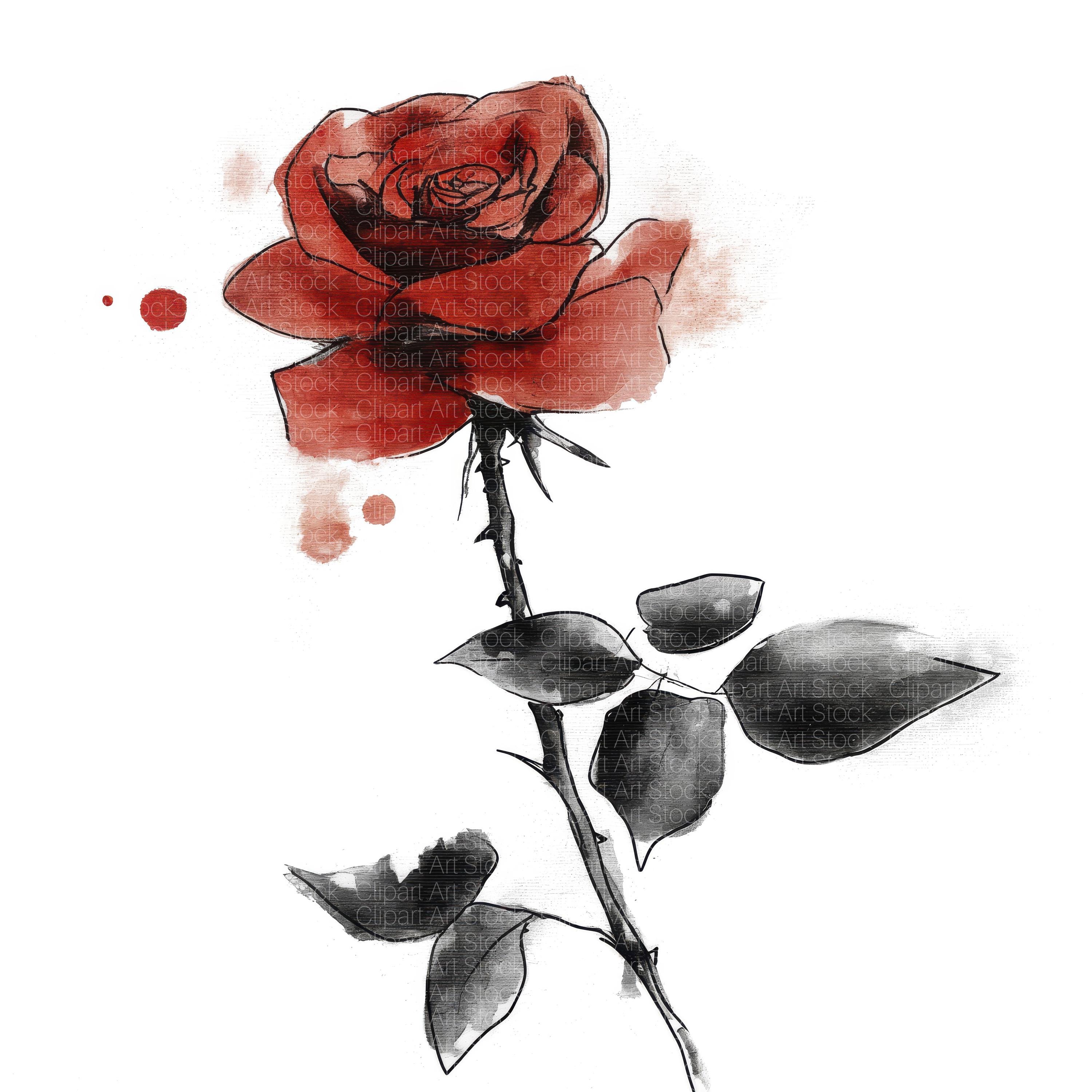 20 Red Rose Watercolor Clipart JPG | Elegant Black & Red Ink Roses ...