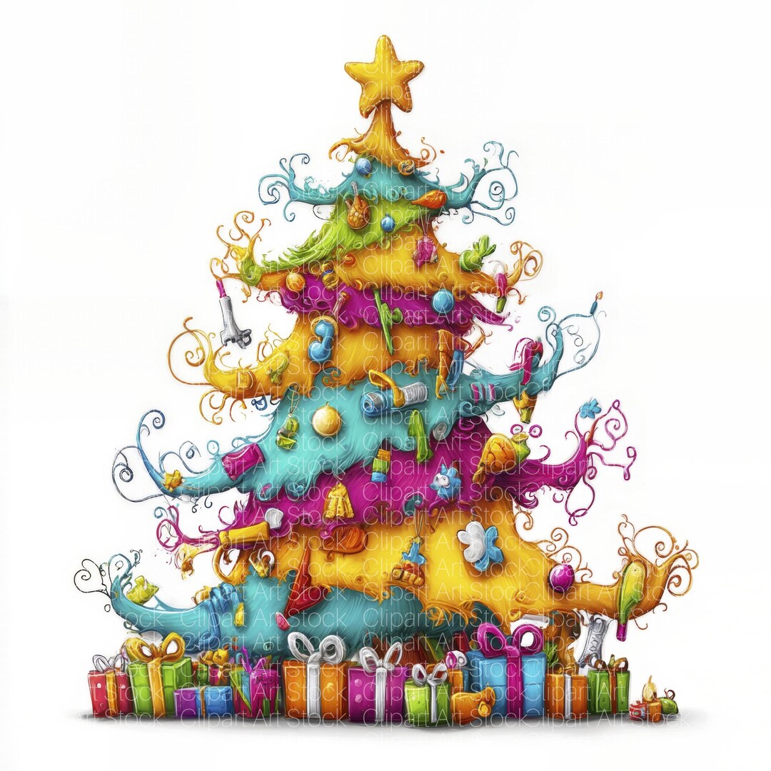 10 Colorful Christmas Tree Clipart JPG | Whimsical Bright Holiday Trees ...