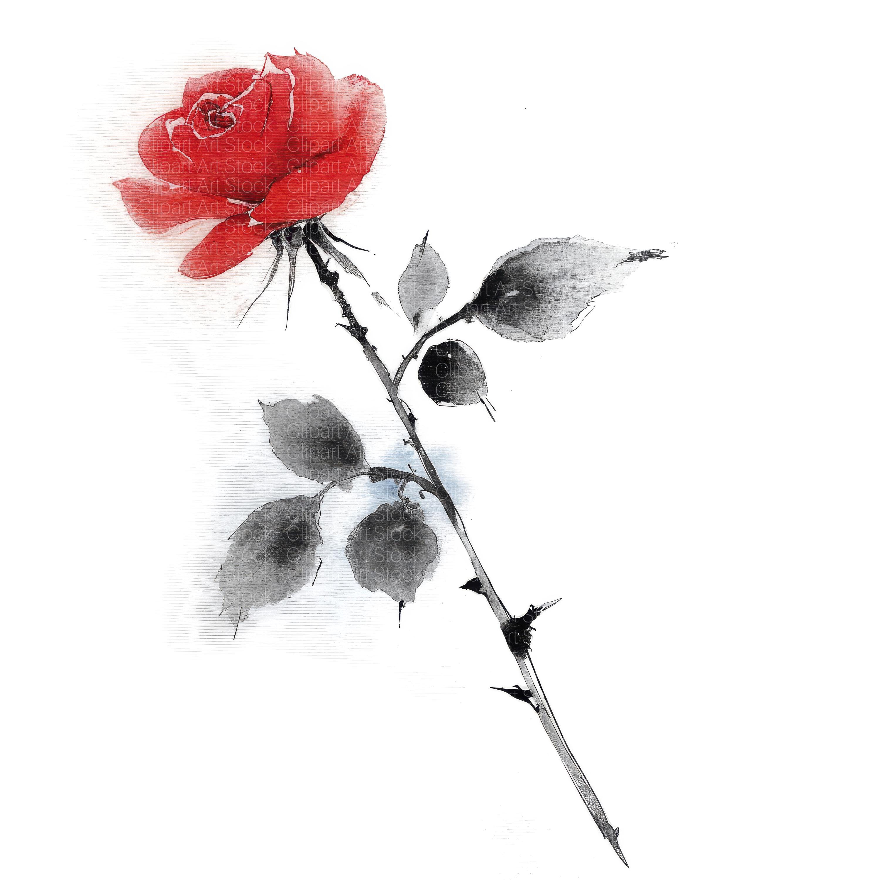 20 Red Rose Watercolor Clipart JPG | Elegant Black & Red Ink Roses ...