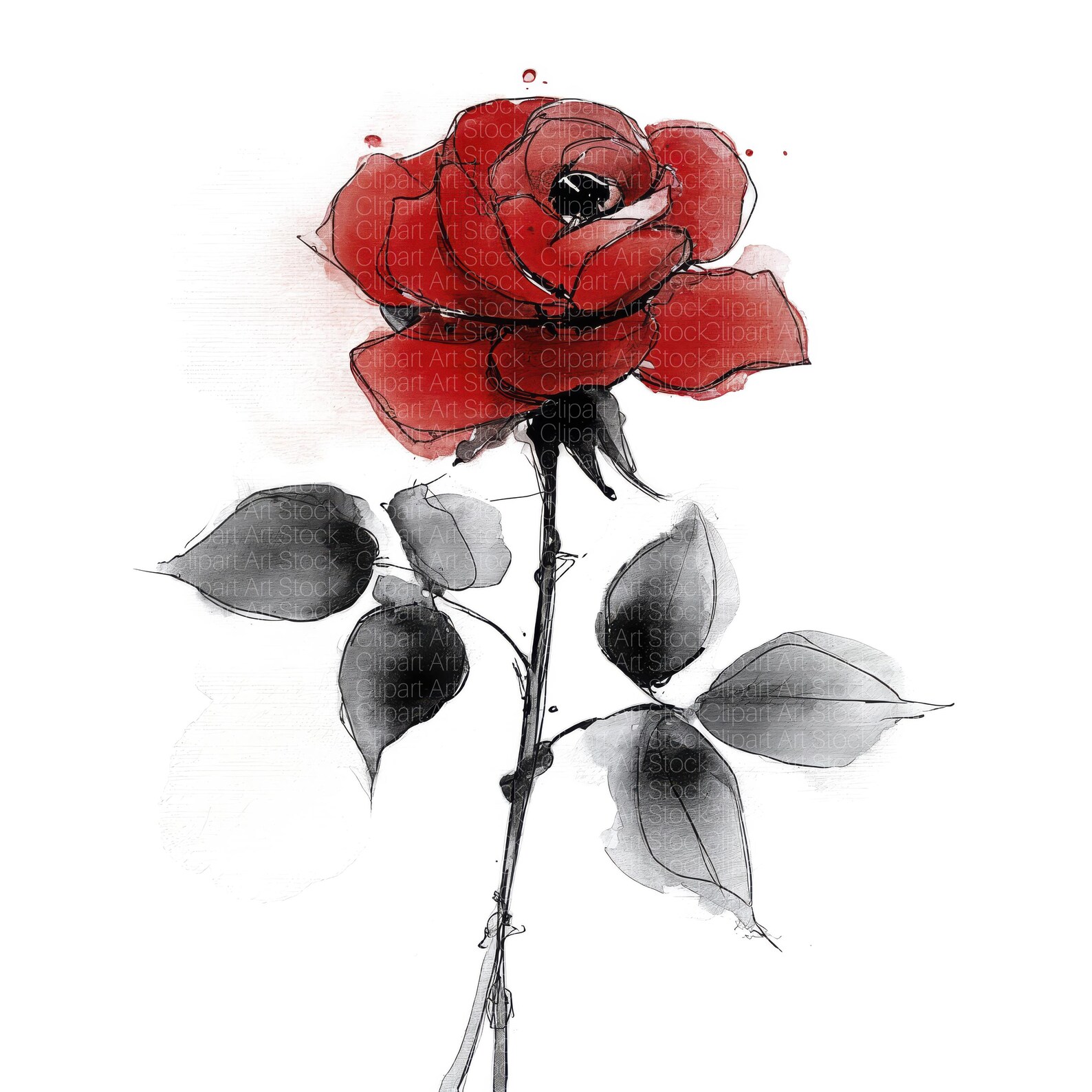 20 Red Rose Watercolor Clipart JPG | Elegant Black & Red Ink Roses ...
