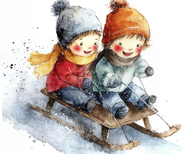 12 Cliparts Kids on Sleds | Winter Clipart | Printable Watercolor ...