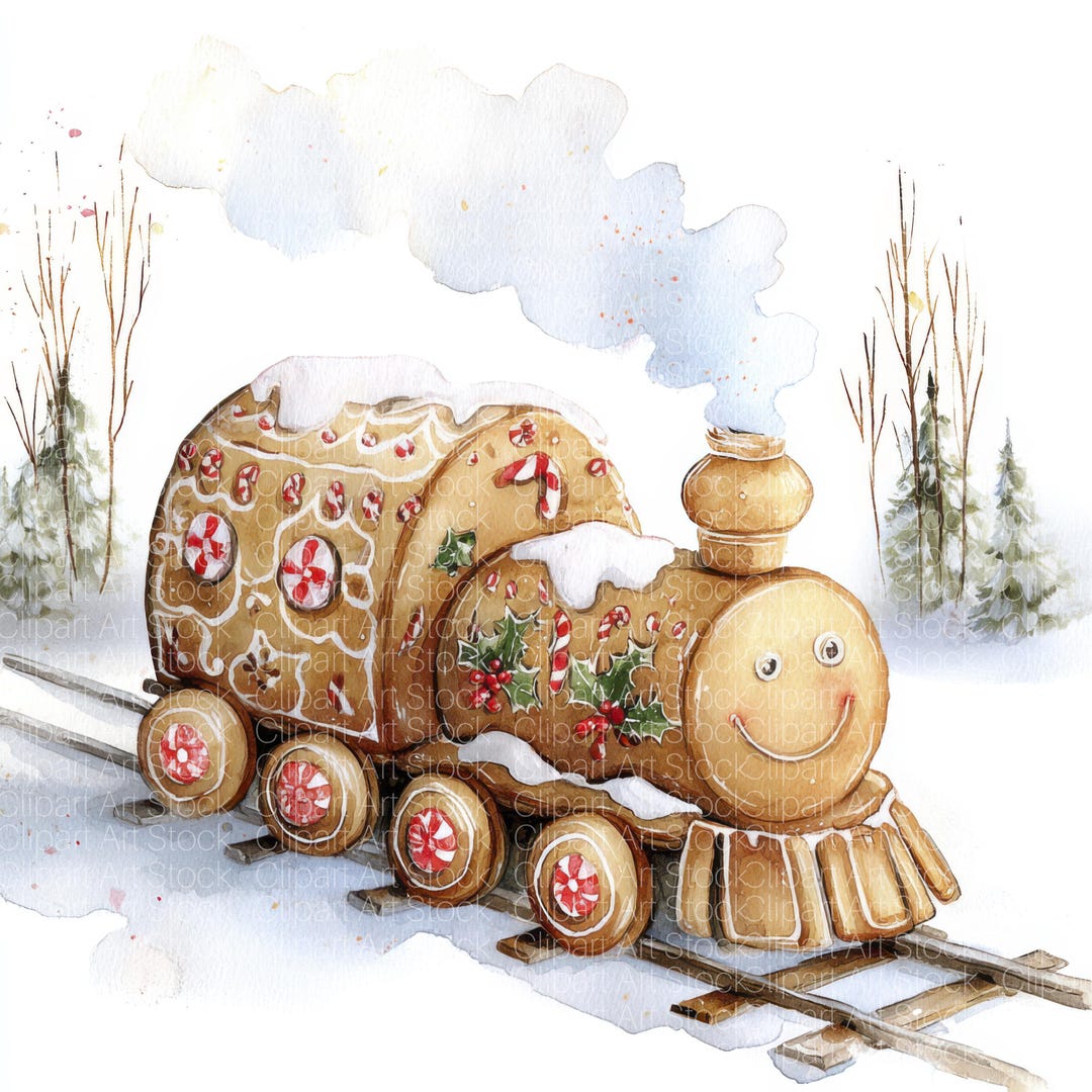 Gingerbread Christmas Train Clipart | Cozy Holiday Watercolor ...