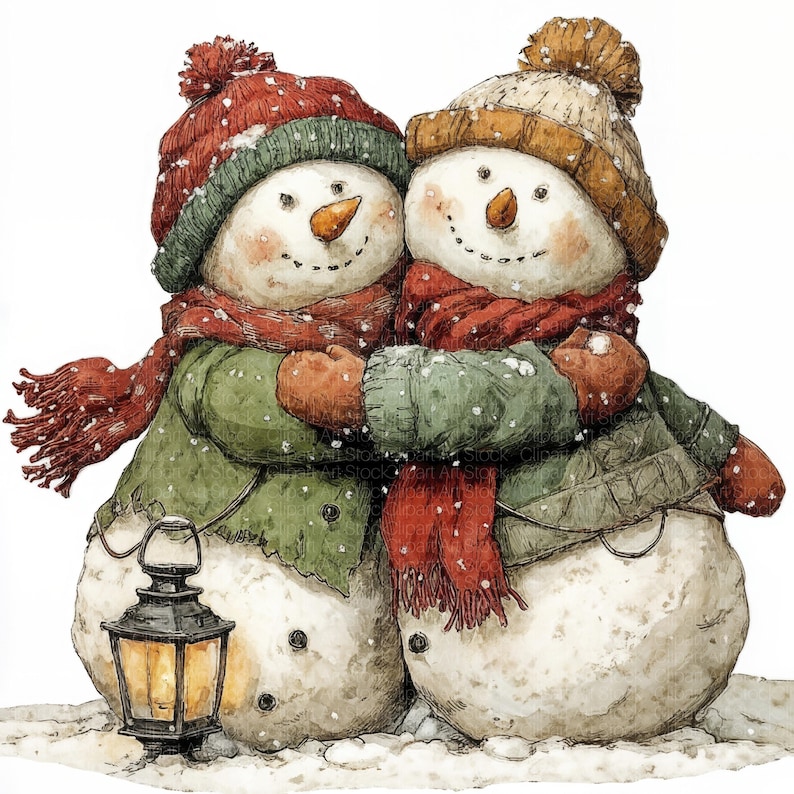 Watercolor Snowman Couple Clipart | Cute Hugging Snowmen Illustration ...