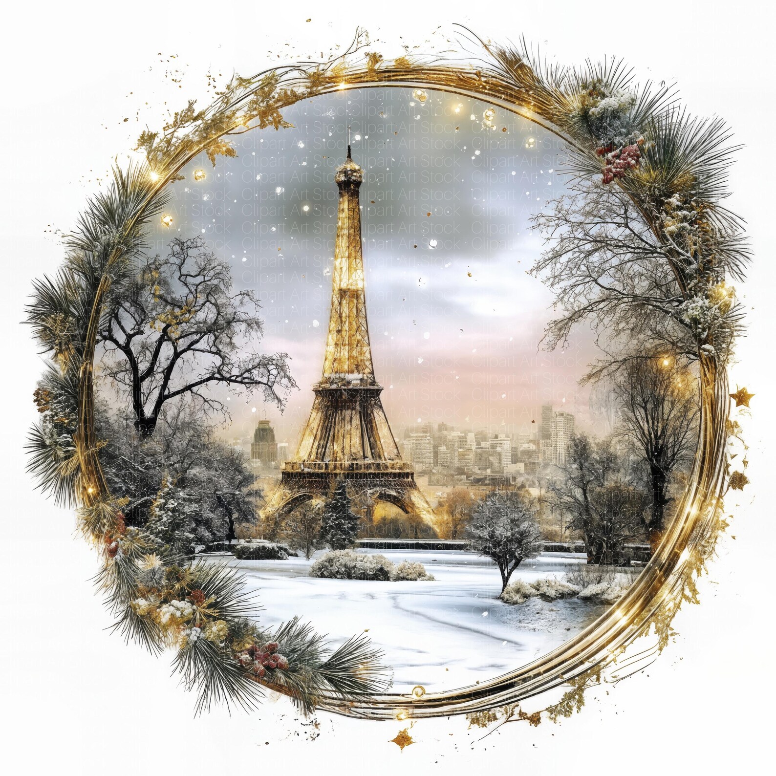14 Clipart Noël à Paris | Cadres d'hiver Tour Eiffel et couronnes de ...