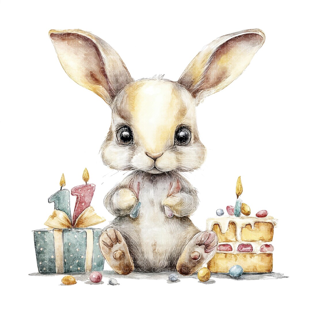13 Watercolor Birthday Bunny Clipart | Rabbits With Cake JPG, Party ...