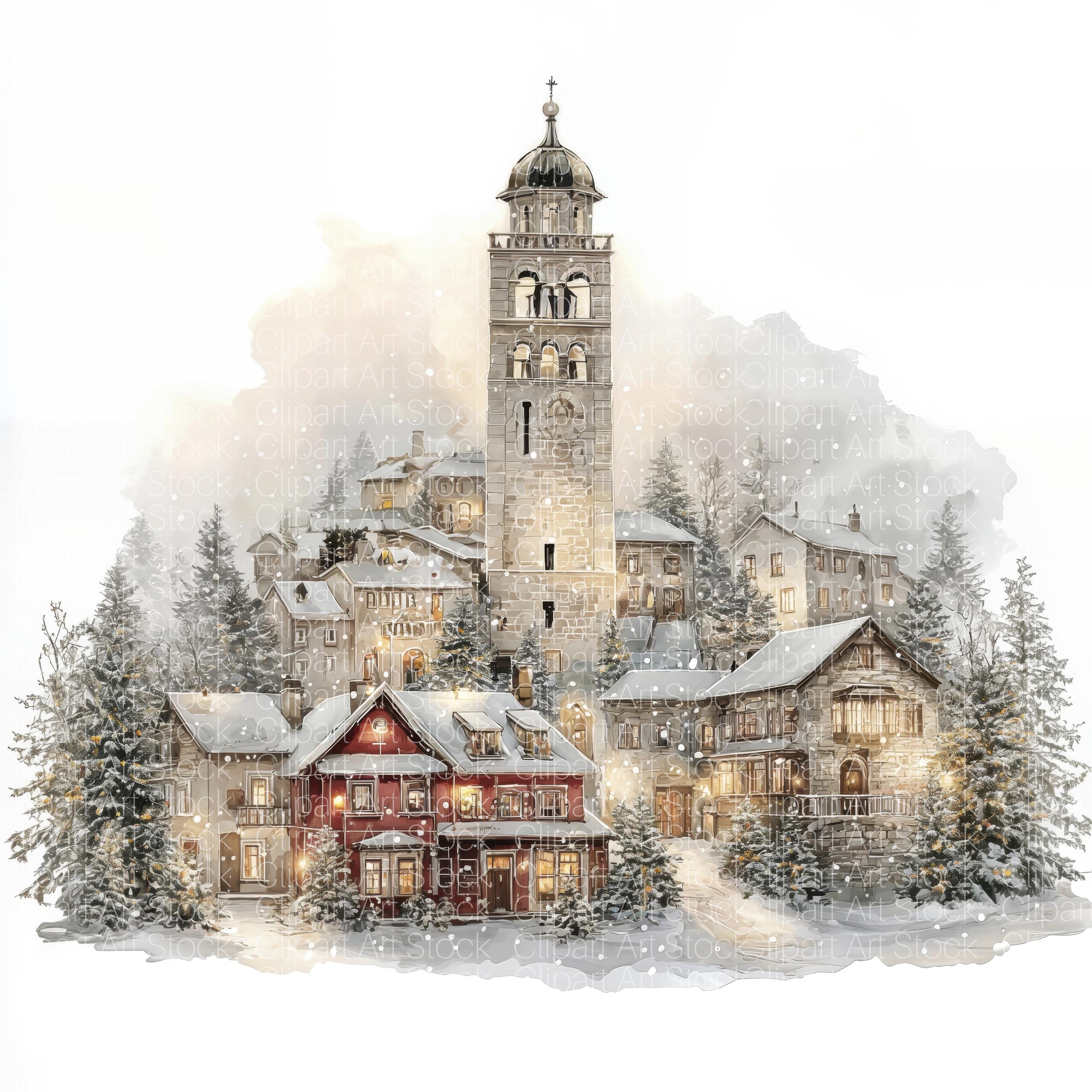 14 Christmas Village Clipart Set JPG | Snowy Winter Town Illustrations ...