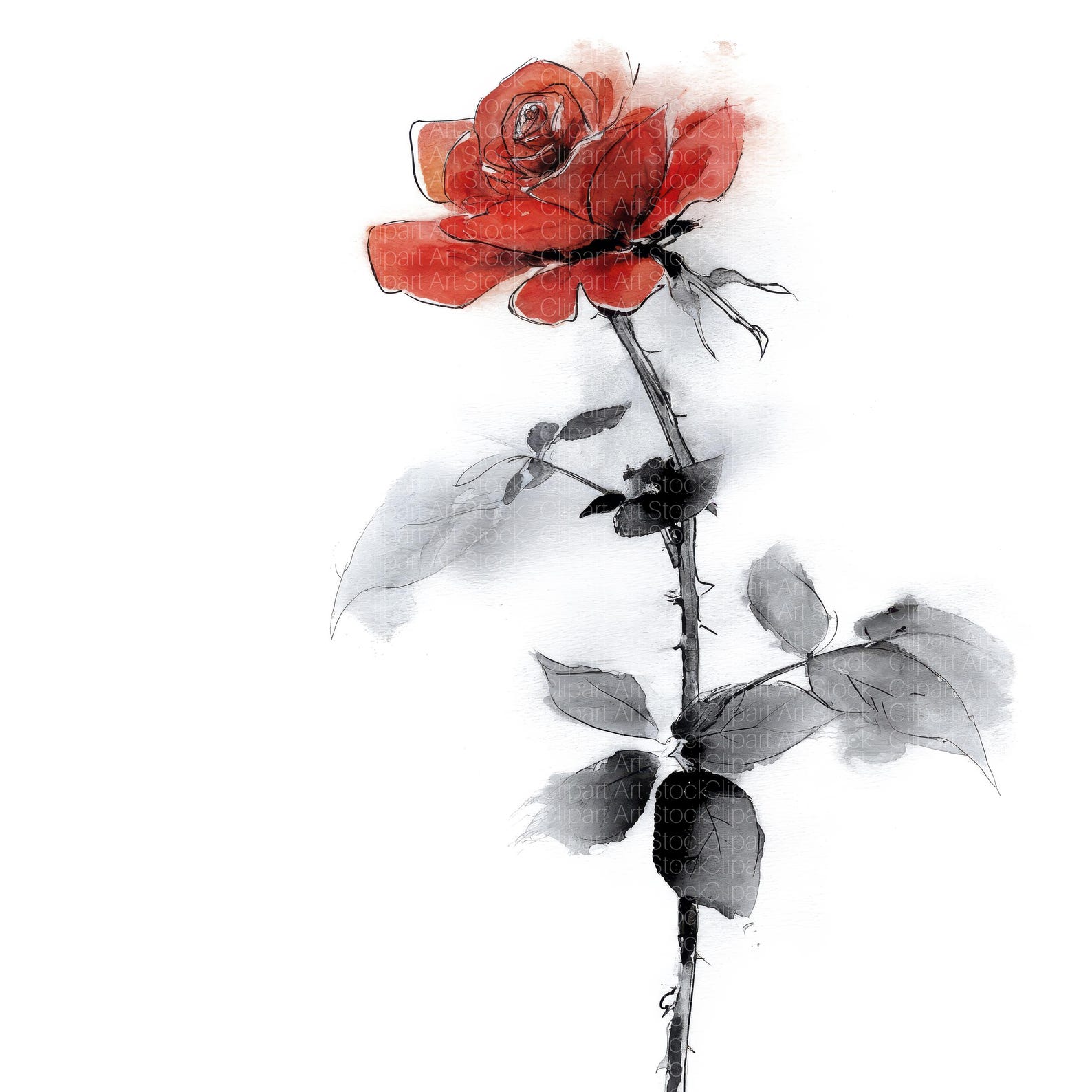20 Red Rose Watercolor Clipart JPG | Elegant Black & Red Ink Roses ...