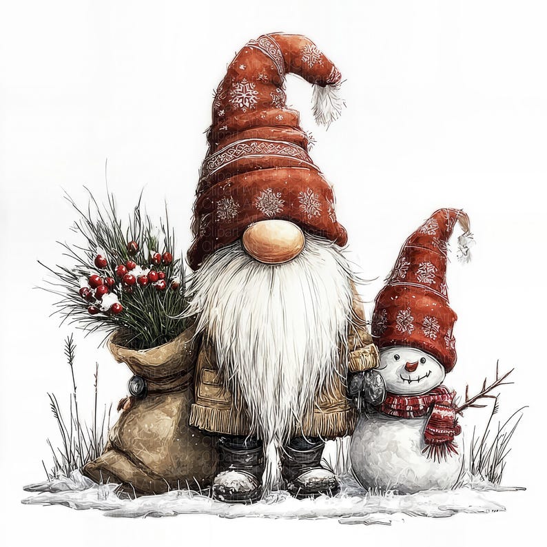 14 Christmas Gnome Clipart | Winter Gnome & Snowman JPG | Vintage Santa ...