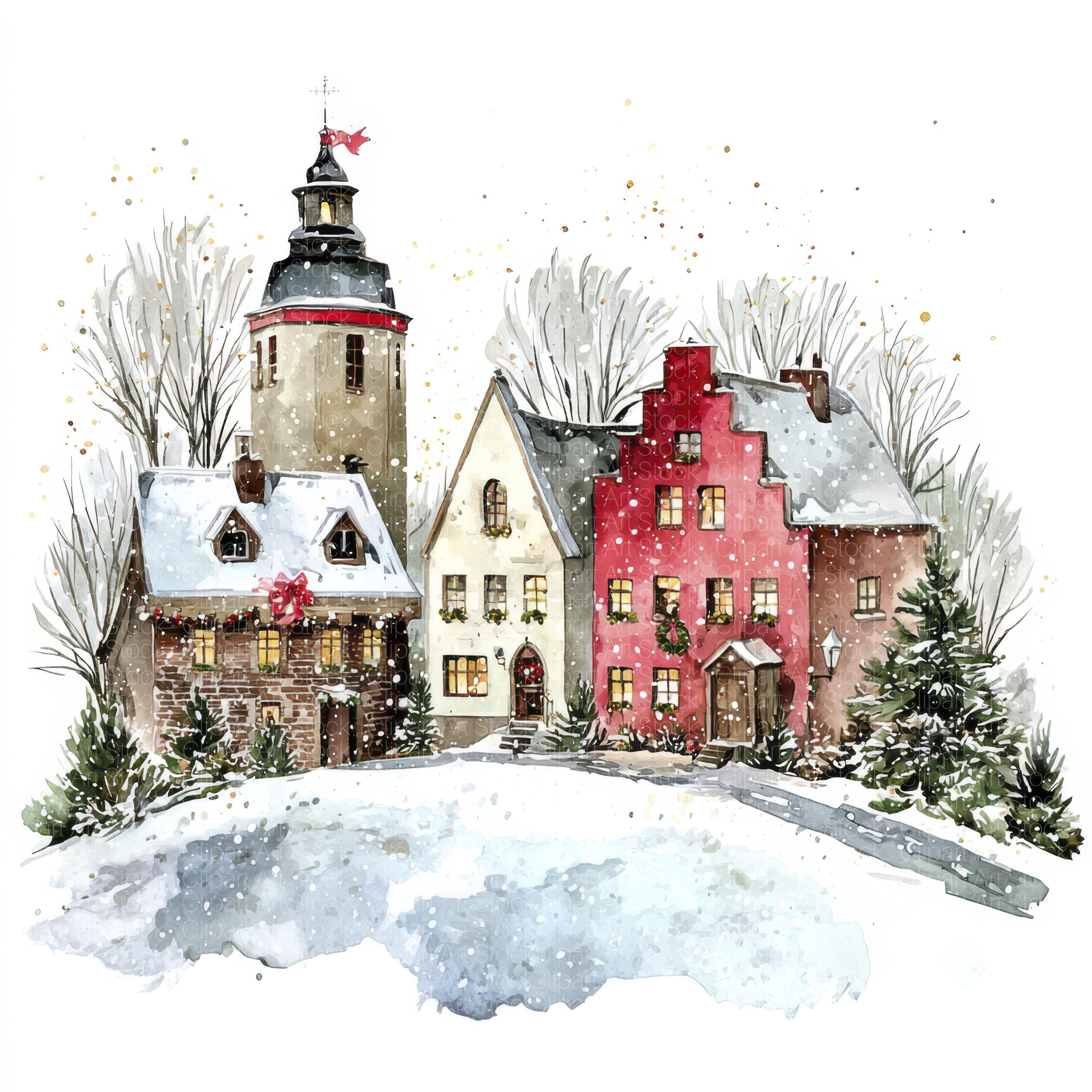 Winter Village Clipart Set | Snowy European Town Watercolor Houses JPG ...