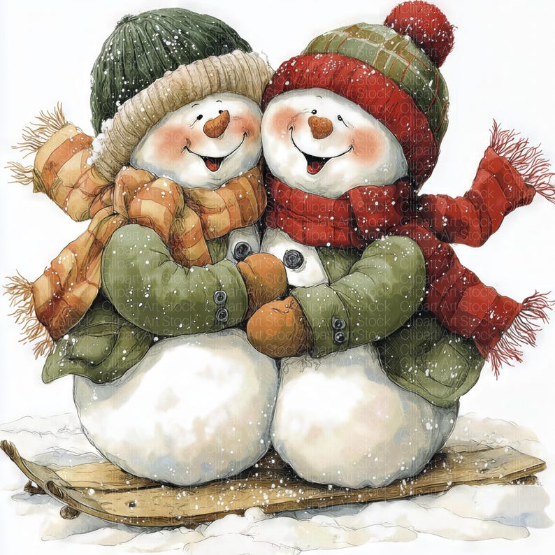 Watercolor Snowman Couple Clipart | Cute Hugging Snowmen Illustration ...
