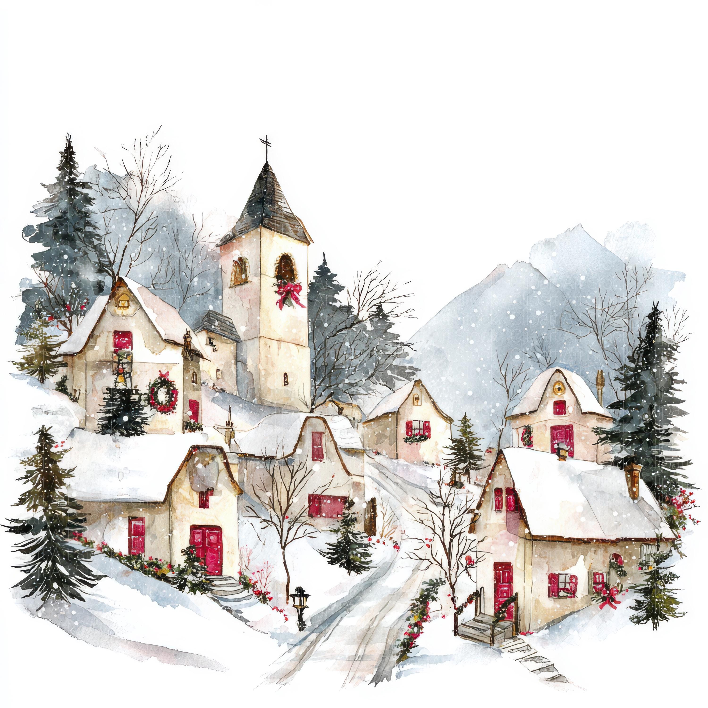 Winter Village Clipart Set | Snowy European Town Watercolor Houses JPG ...