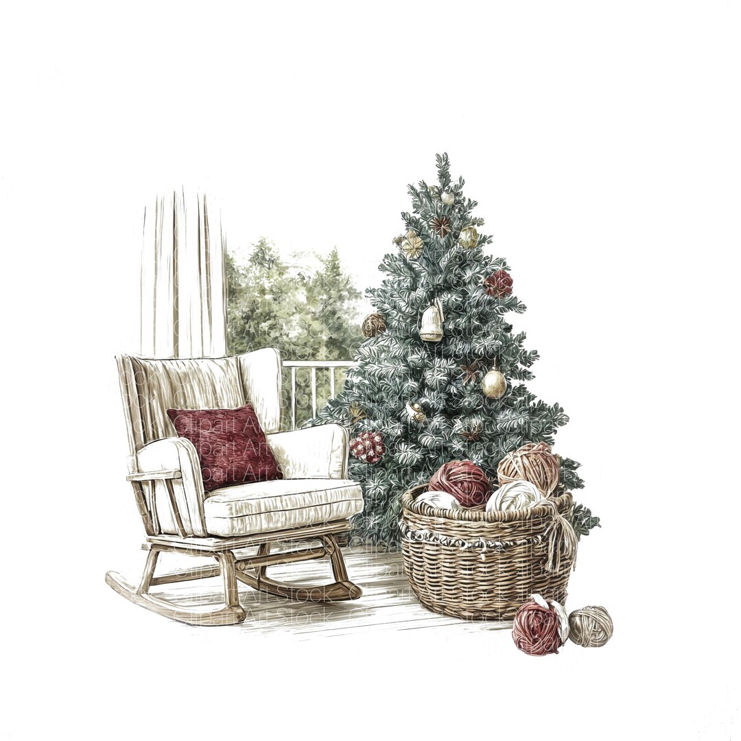 12 Cozy Christmas Interior Clipart | Watercolor Winter Chairs, Trees ...
