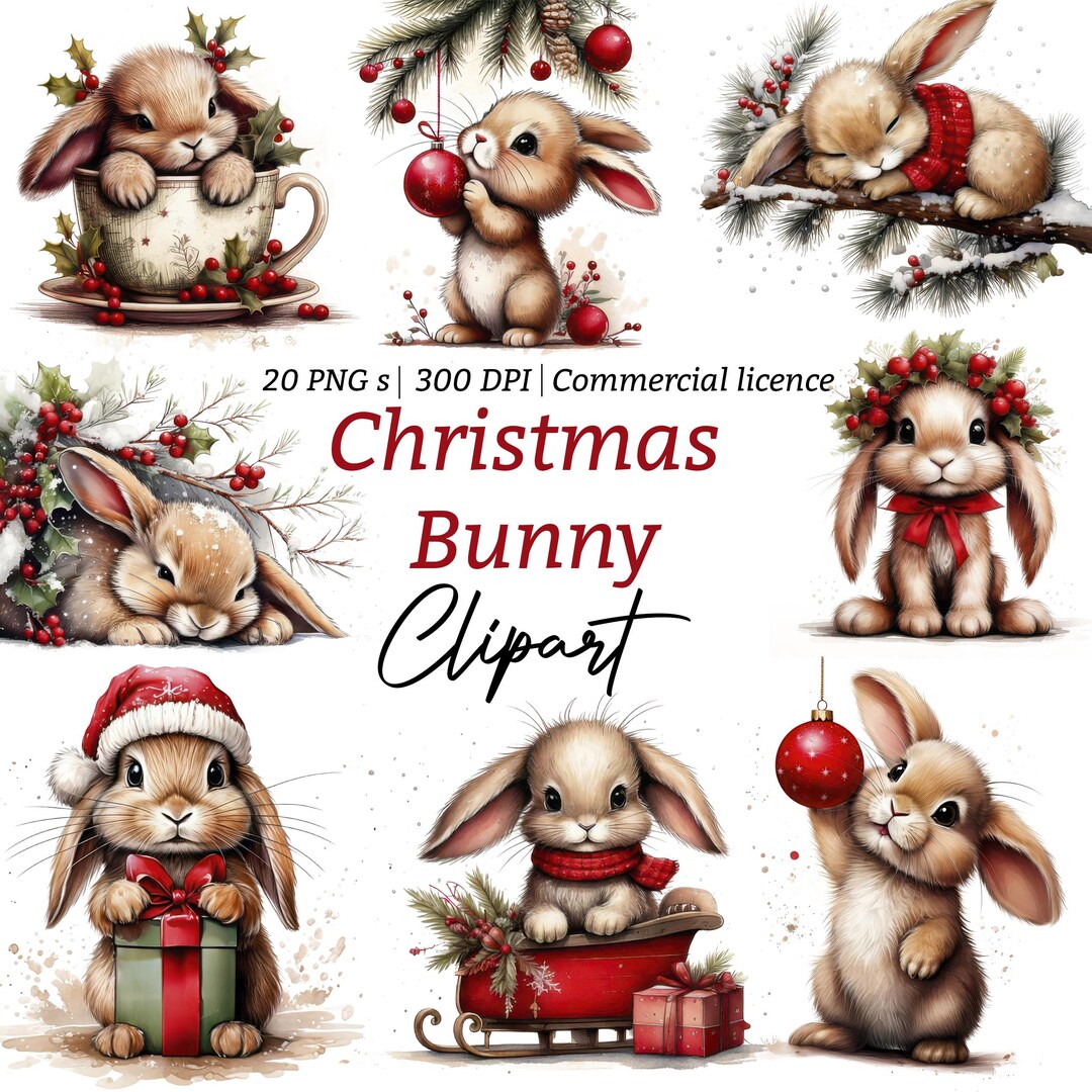 Christmas Bunny Clipart | Watercolor Rabbit PNG Illustrations | Holiday ...