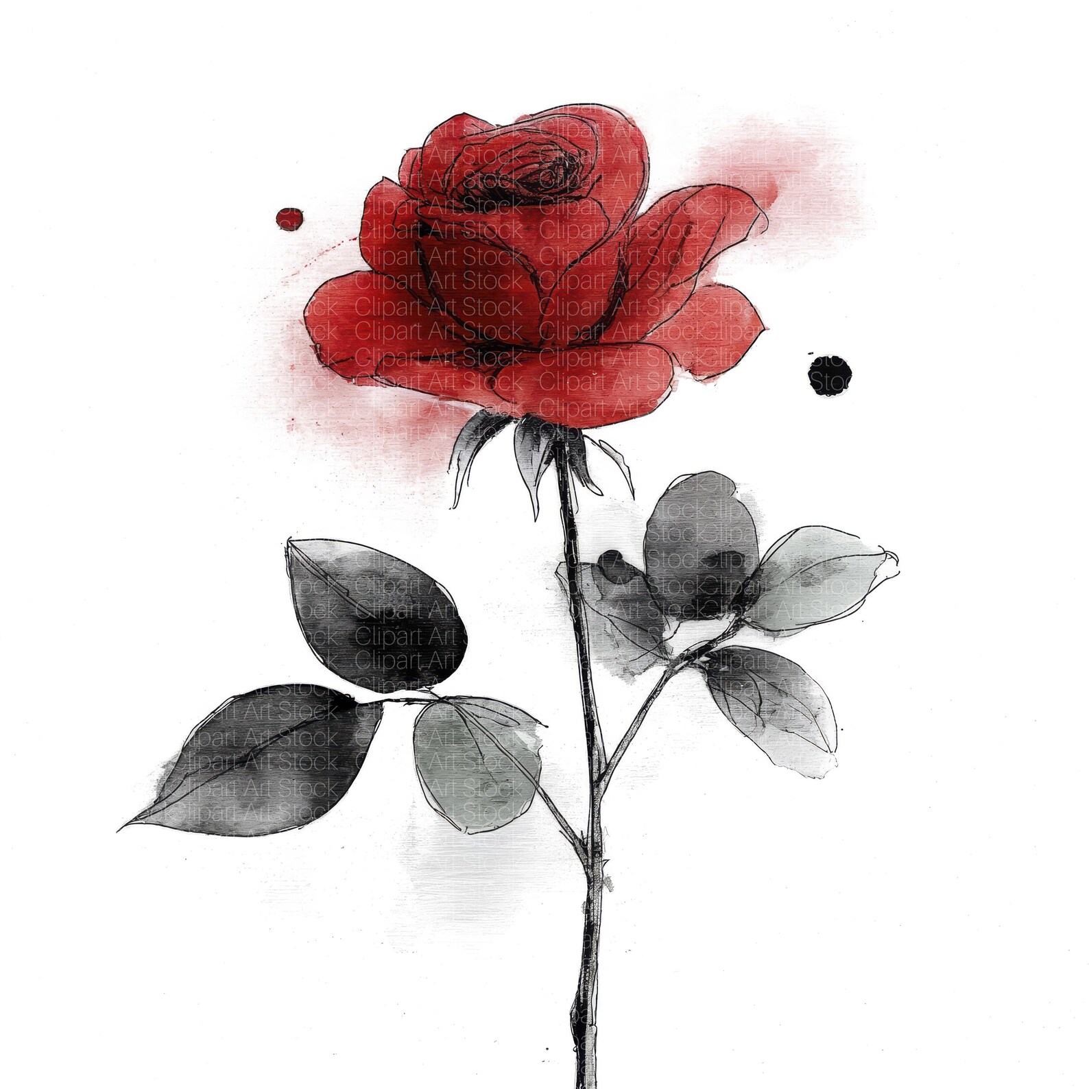 20 Red Rose Watercolor Clipart JPG | Elegant Black & Red Ink Roses ...