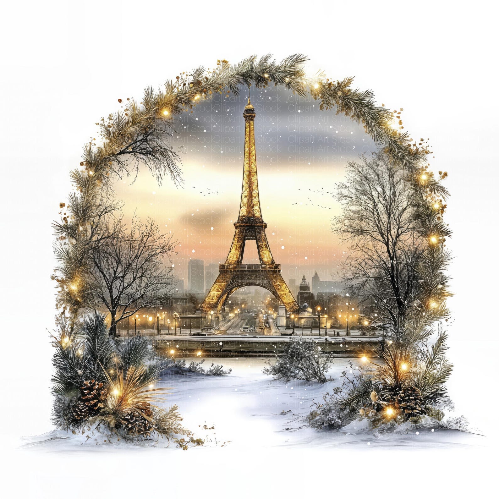 14 Clipart Noël à Paris | Cadres d'hiver Tour Eiffel et couronnes de ...