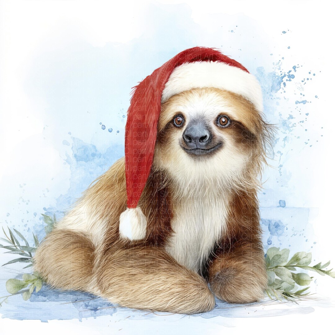 8 Christmas Sloth Clipart JPG | Cute Sloths in Santa Hats Illustrations ...