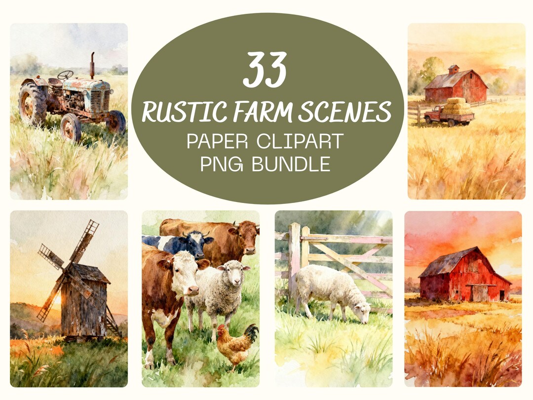 Rustic Farm Scenes Clipart Bundle, 33 Watercolor Farmhouse PNG, Country ...