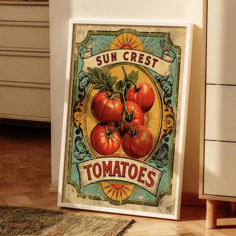 Vintage Sun Crest Tomatoes Seed Label Packet Print, Mid Century Rustic ...