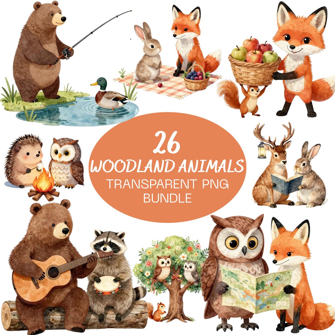 26 Woodland Animals PNG Bundle, Cute Forest Animal Clipart, Watercolor ...