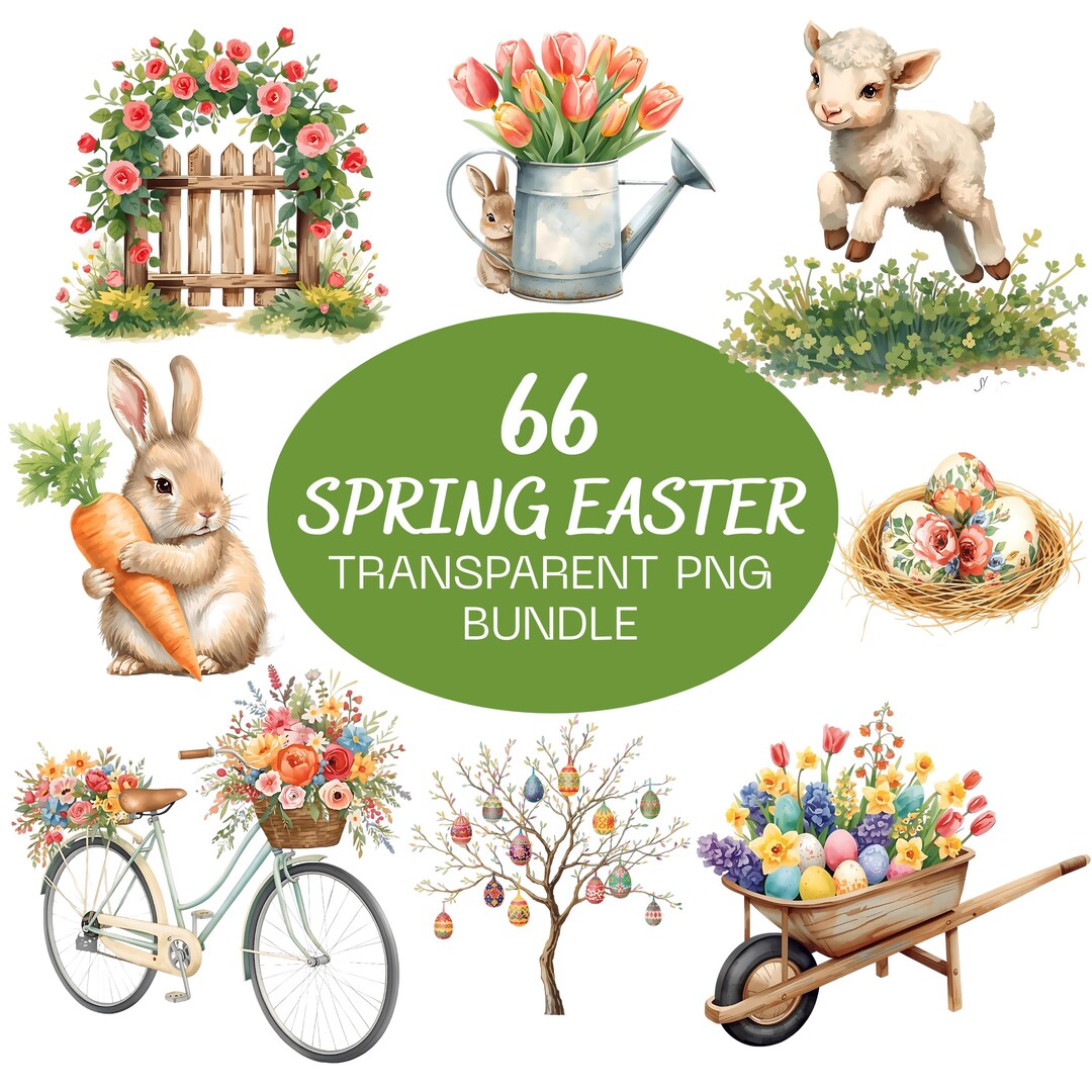 Rustic Spring Easter Clipart Bundle, Farm Animals Bunny Chicks Eggs PNG ...