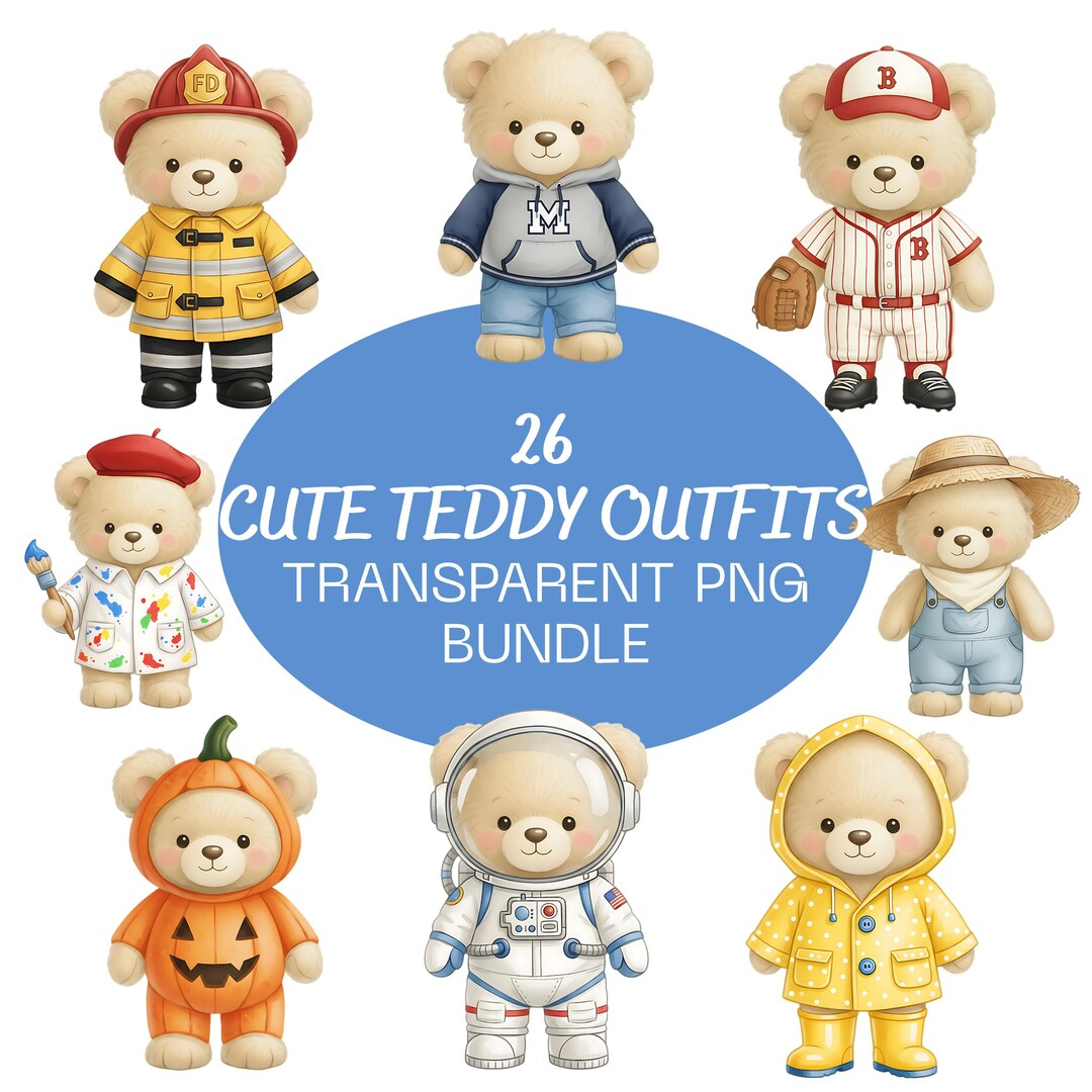 26 Teddy Bear PNG Bundle | Cute Bear Outfits & Costumes Clipart | Kids ...