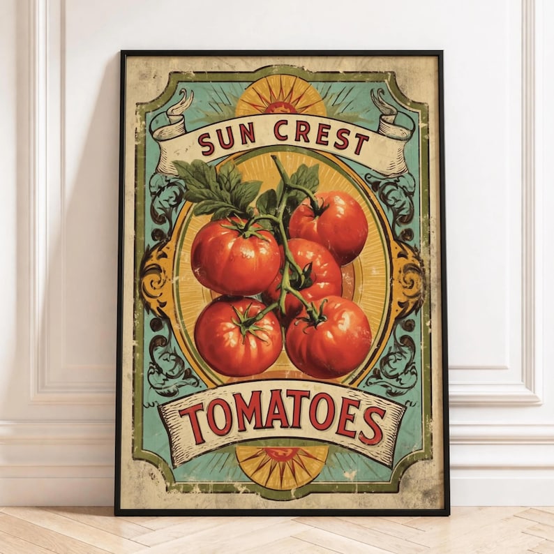 Vintage Sun Crest Tomatoes Seed Label Packet Print, Mid Century Rustic ...