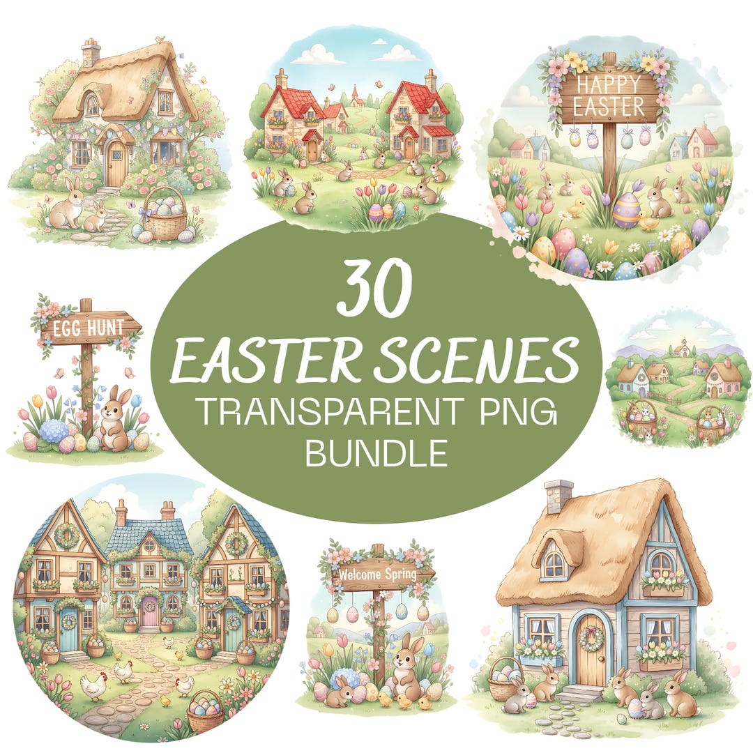 30 Easter Scene Pngs | Spring Cottage Clipart | Pastel Bunny Landscape ...