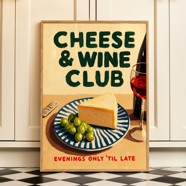 Cheese & Wine Club Print, French Bistro Wall Art, Wine Lover Kitchen ...