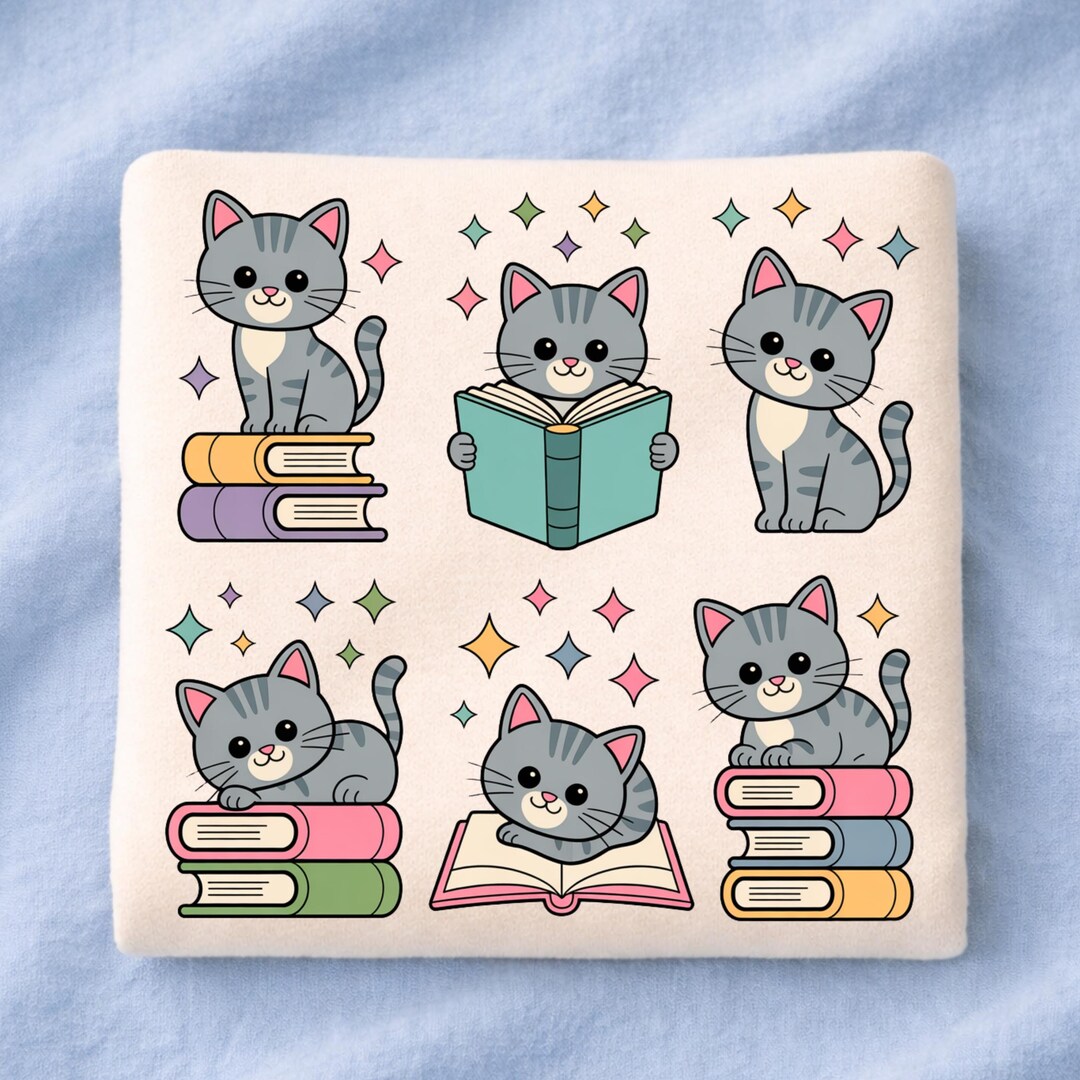 Gray Reading Cat PNG Clipart, Kawaii Kitten With Books Digital Art ...