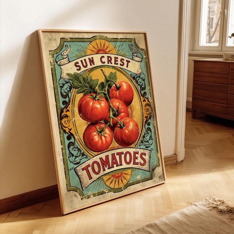 Vintage Sun Crest Tomatoes Seed Label Packet Print, Mid Century Rustic ...