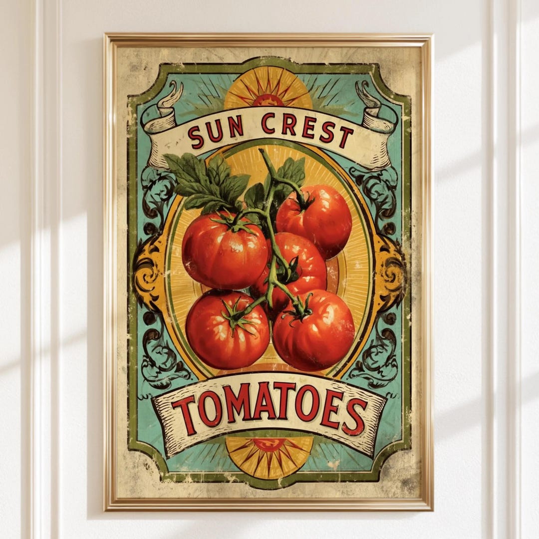 Vintage Sun Crest Tomatoes Seed Label Packet Print, Mid Century Rustic ...