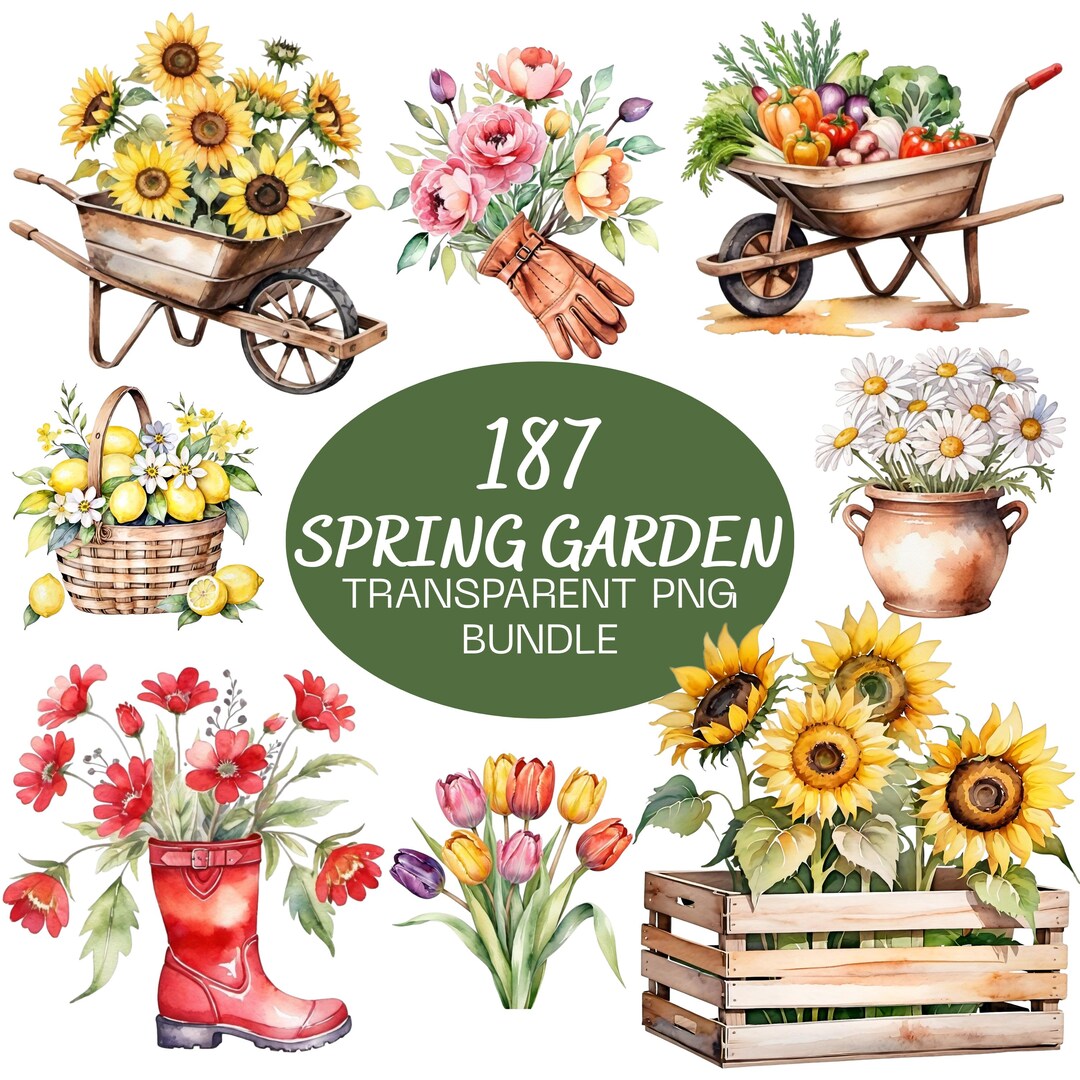 187 Spring Garden PNG Bundle, Watercolor Floral Clipart, Rustic Garden ...