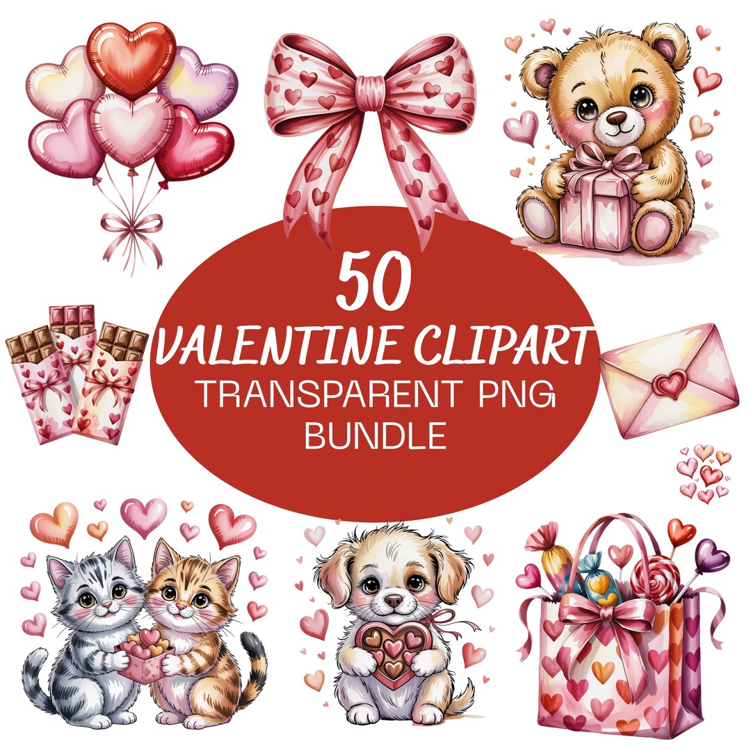 Watercolor Valentine Clipart Bundle, Cute Animal Love Illustrations ...