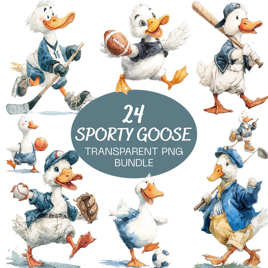Sporty Goose Clipart PNG Bundle, Cute Goose Sports Watercolor Clip Art ...