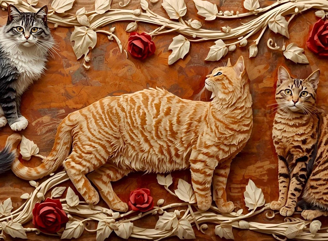 Woodcarving Style Cat Puzzle 3 Cats & Red Roses Ornamental Frame ...