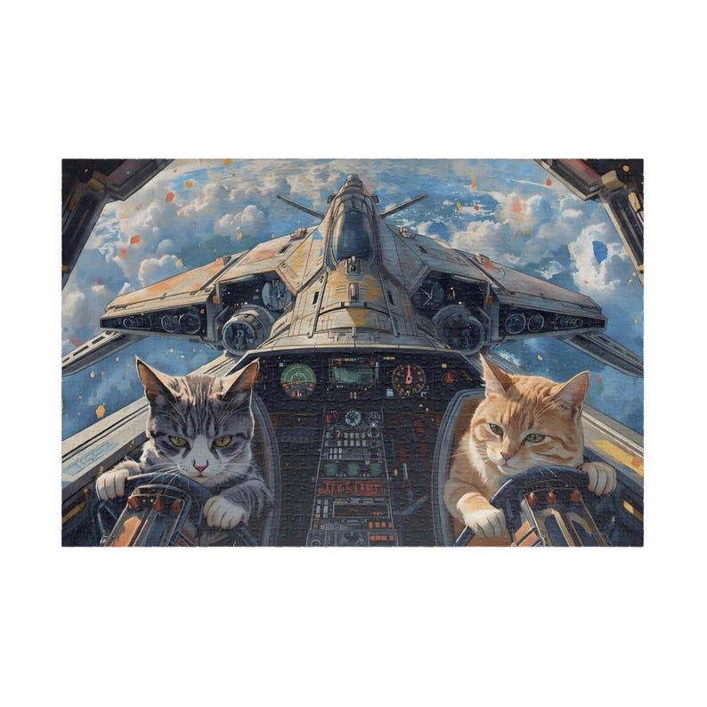 Space Pilot Cats Puzzle Sci-Fi Cat Art Jigsaw, Cosmic Cockpit Crew ...