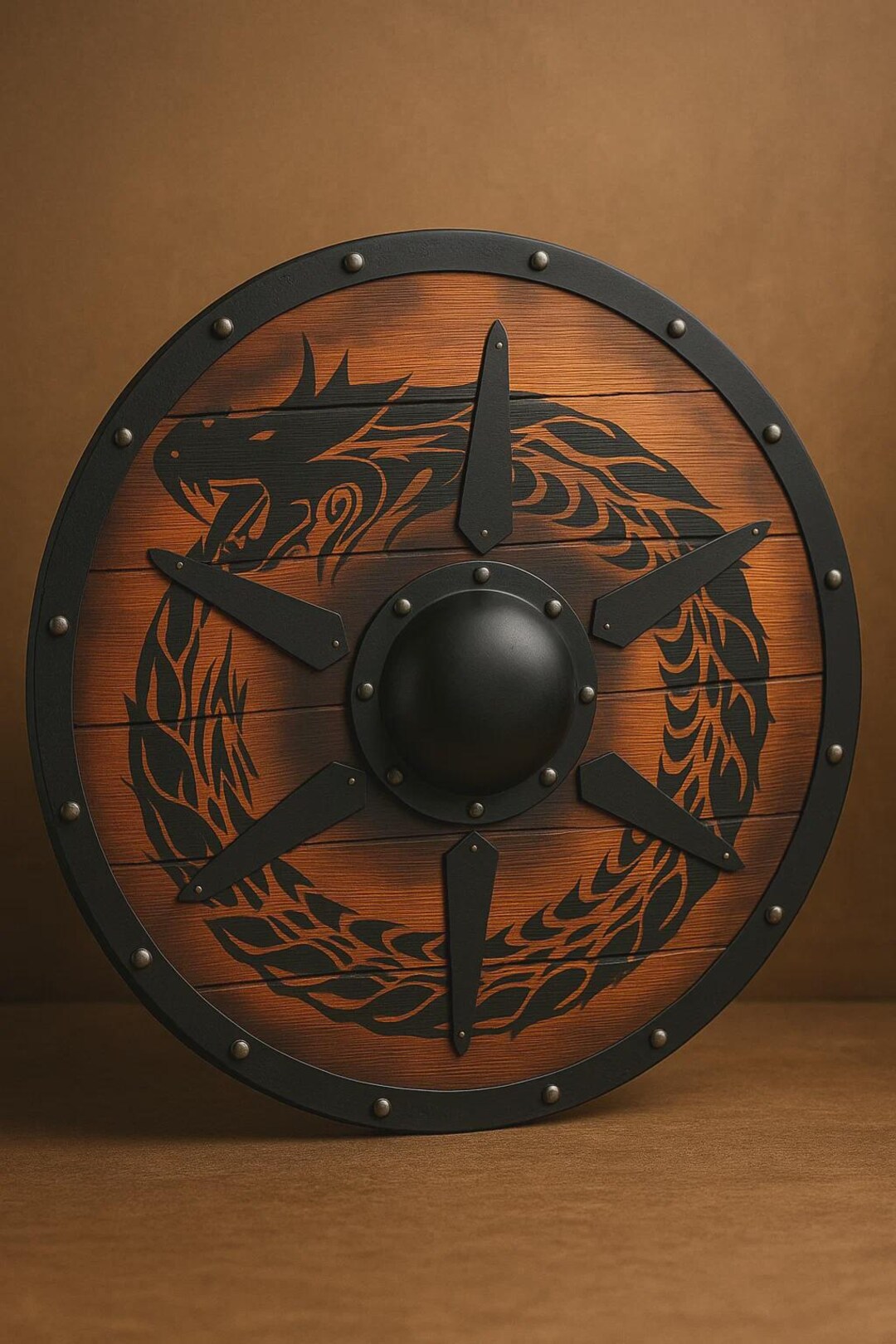 Viking Wooden Shield 24" – Dragon Ouroboros Design | Wood & Steel ...