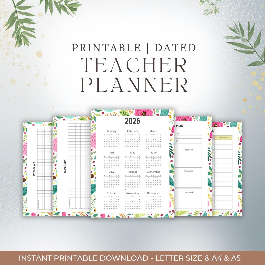 2026 Floral Teacher Planner | Lesson Plans, Attendance (PDF Download A4 ...