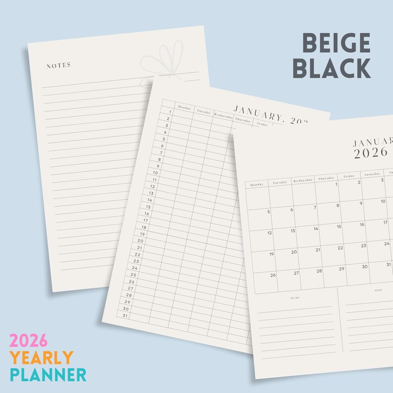 2026 Yearly Planner Printable Minimal Calendar Pages | Digital Year-at ...