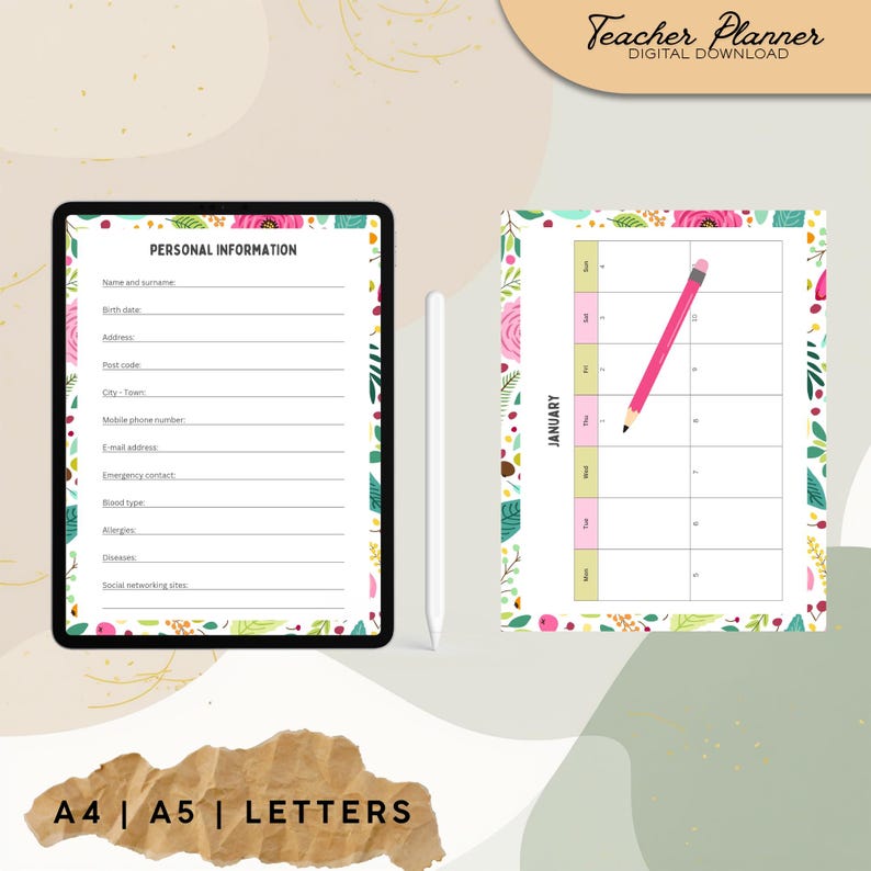 2026 Floral Teacher Planner | Lesson Plans, Attendance (PDF Download A4 ...