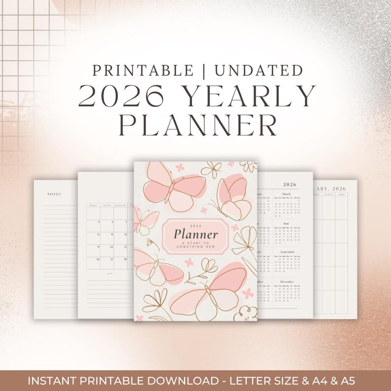 2026 Yearly Planner Printable Minimal Calendar Pages | Digital Year-at ...