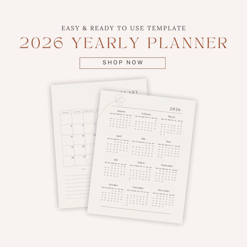2026 Yearly Planner Printable Minimal Calendar Pages | Digital Year-at ...