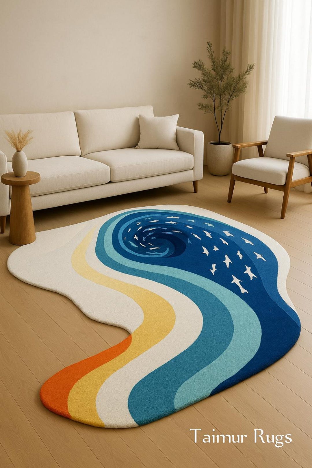 Ocean Wave Vortex Carpet, Irregular Shape, Bird Motifs - Etsy