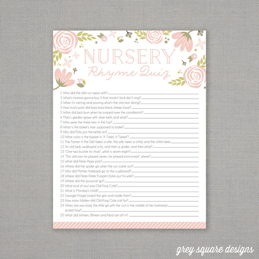 Nursery Rhyme Quiz - Baby Shower Game - Floral - Etsy