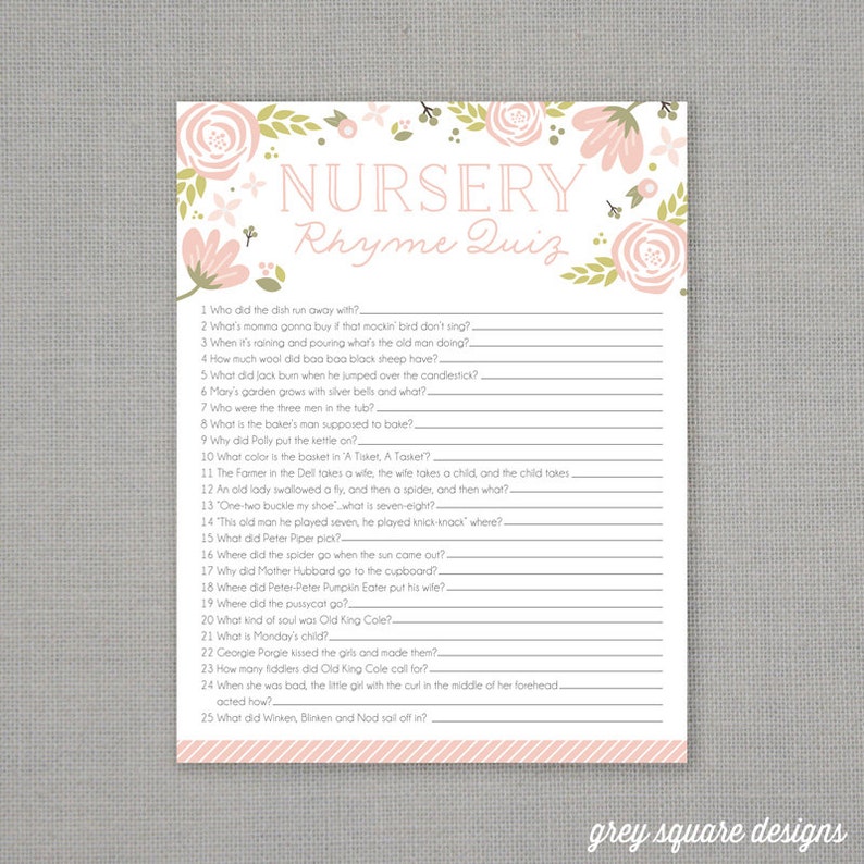 Nursery Rhyme Quiz - Baby Shower Game - Floral - Etsy
