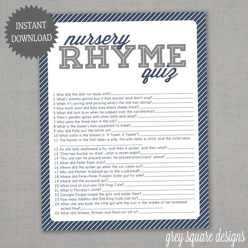 Nursery Rhyme Quiz - Baby Shower Game - Navy Blue - Etsy